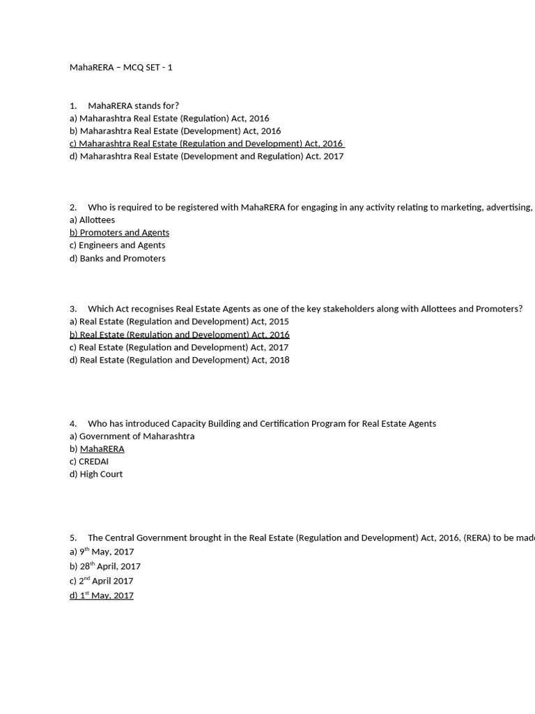MahaRERA Exam MCQ Set-1 | PDF