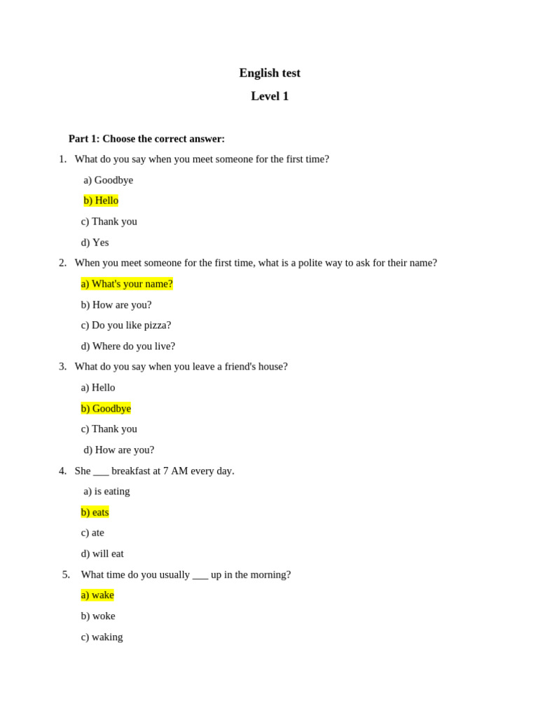 English Test (Level 1) | PDF