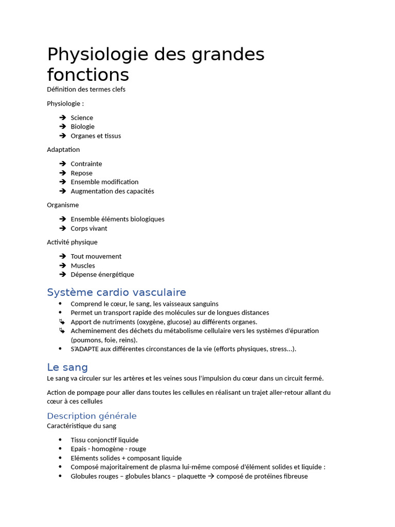 Physiologie des grandes fonctions | PDF