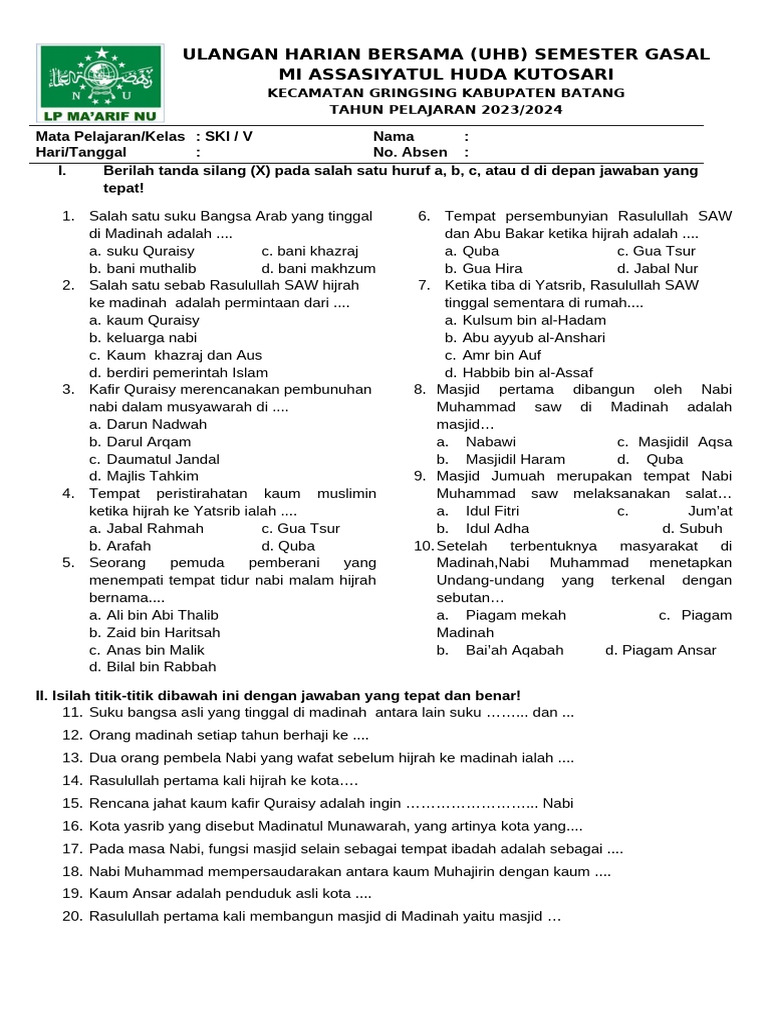 Soal Uhb Ski 1KLS 5 | PDF