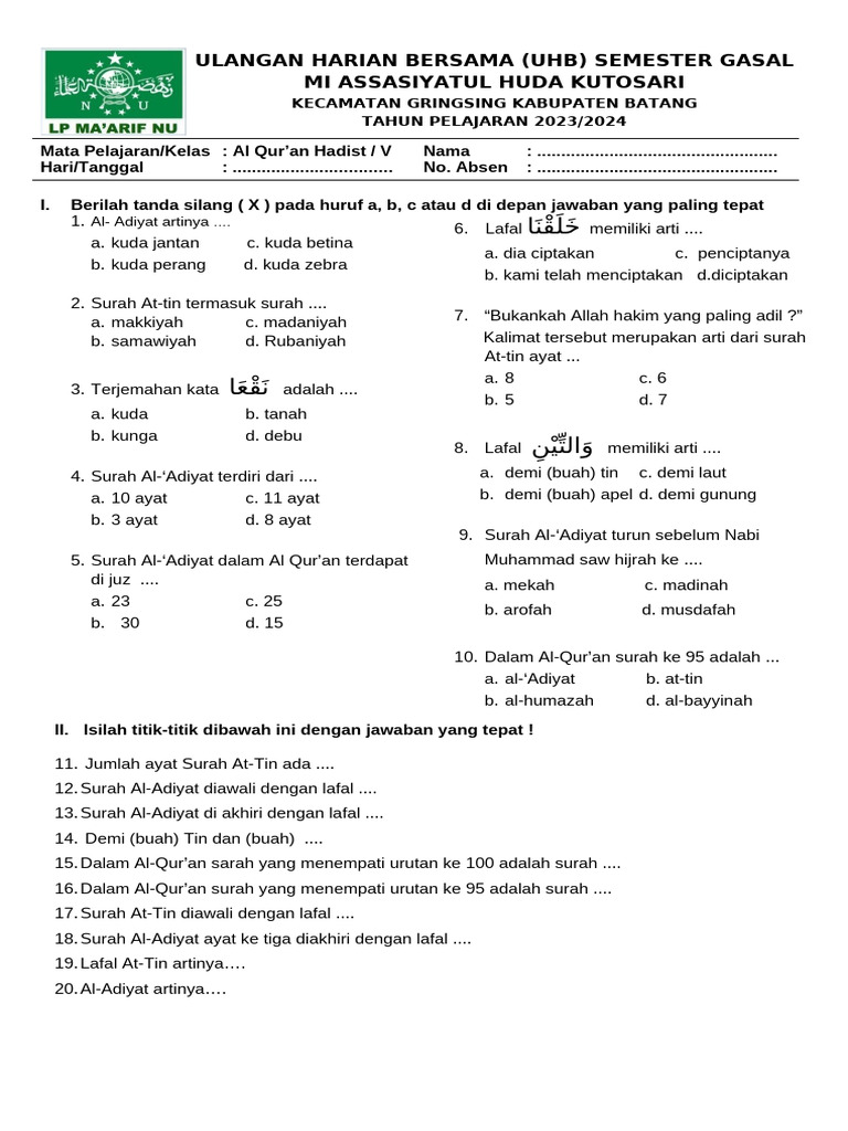 SOAL UHB Quran Hadis Kls 5 | PDF