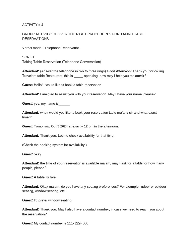 Telephone Reservation - Script | PDF
