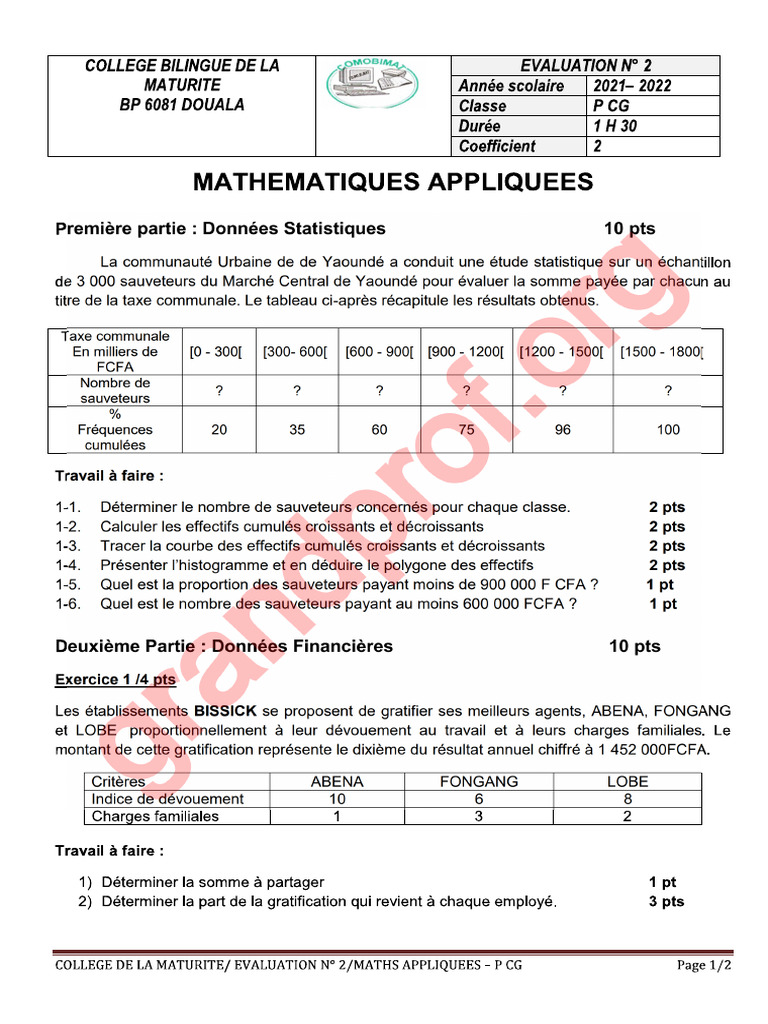 Maths-Appli-1ereCG-Eval2-College-Maturite-2021-2022 | PDF