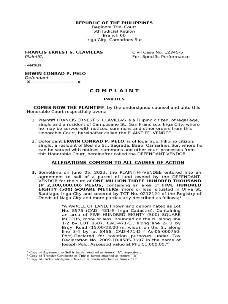 Complaint For Specific Performance | PDF