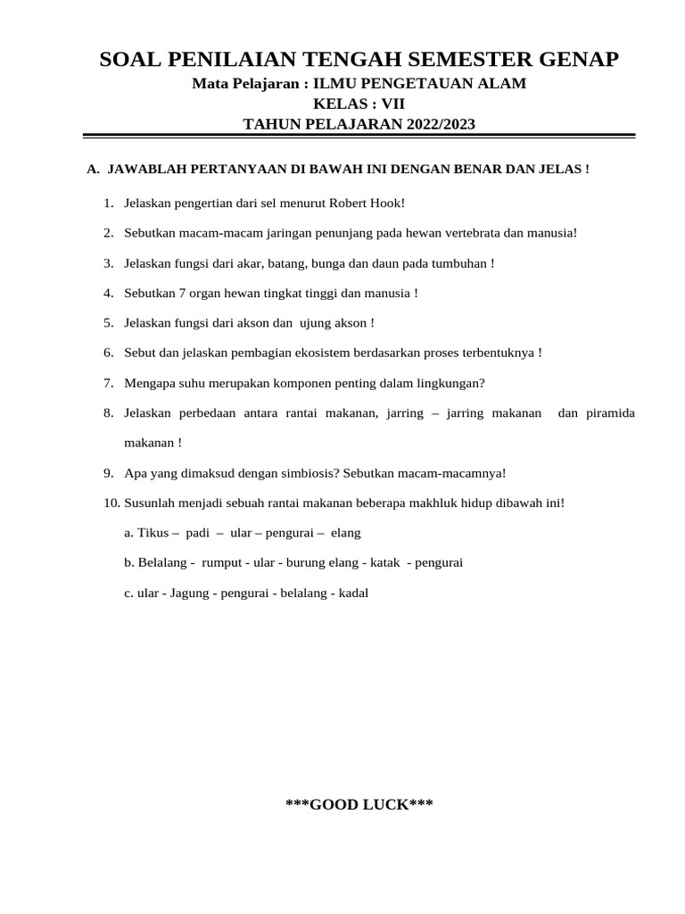 Soal PTS Ipa 2023 Kelas 7 | PDF
