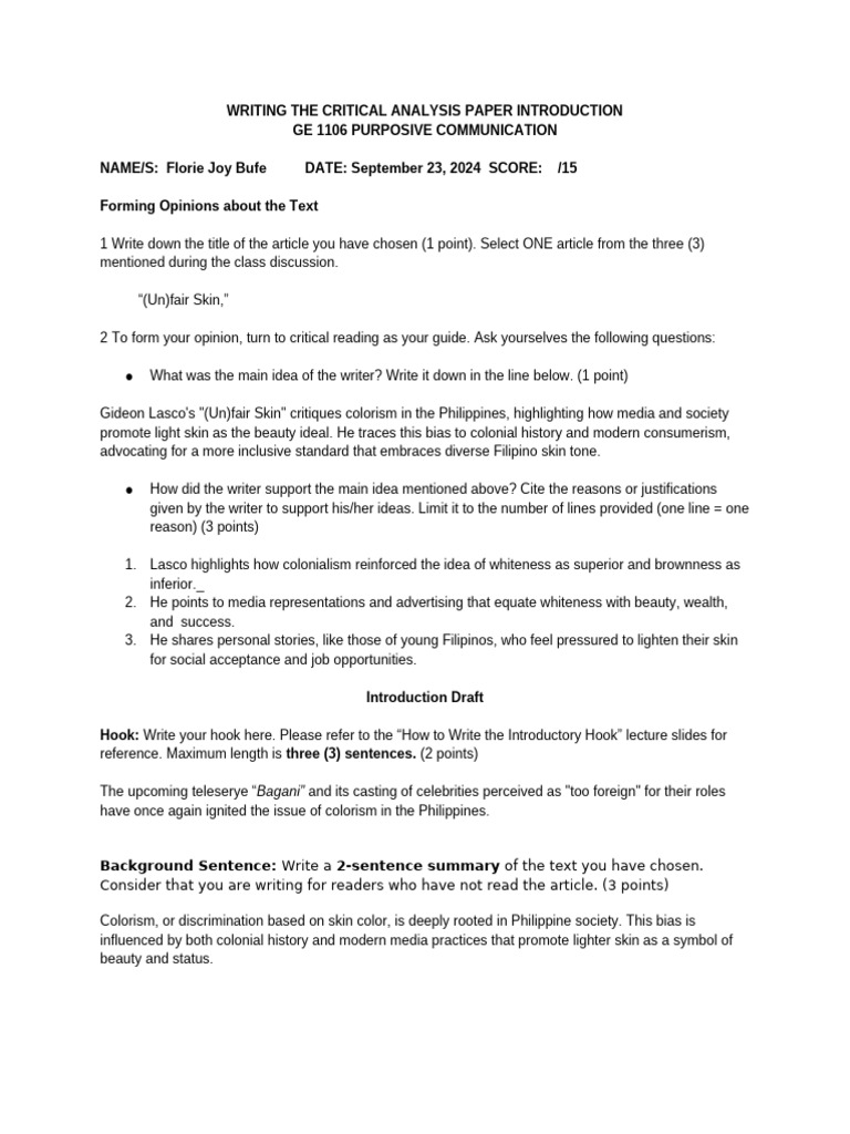 Critical Analysis Paper Introduction Draft - Bufe | PDF