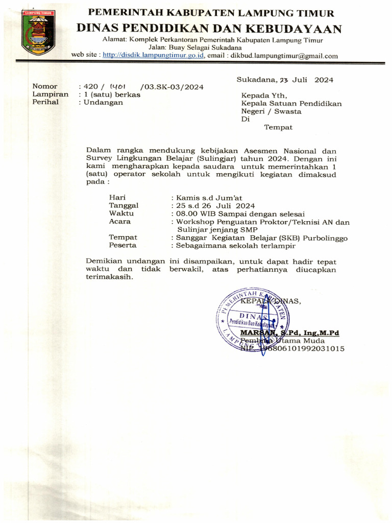 Undangan Penguatan Proktor Teknisi AN Dan Sulinjar Jenjang SMP | PDF