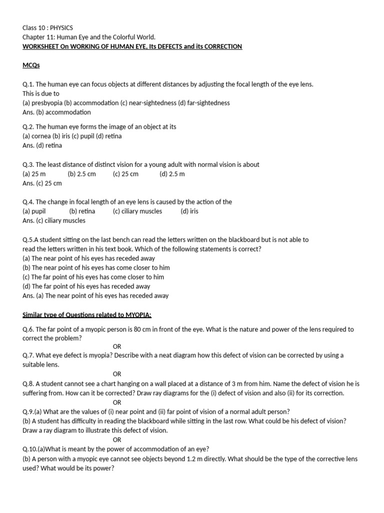Human Eye: Defects and Corrections Worksheet | PDF | Human Eye ...