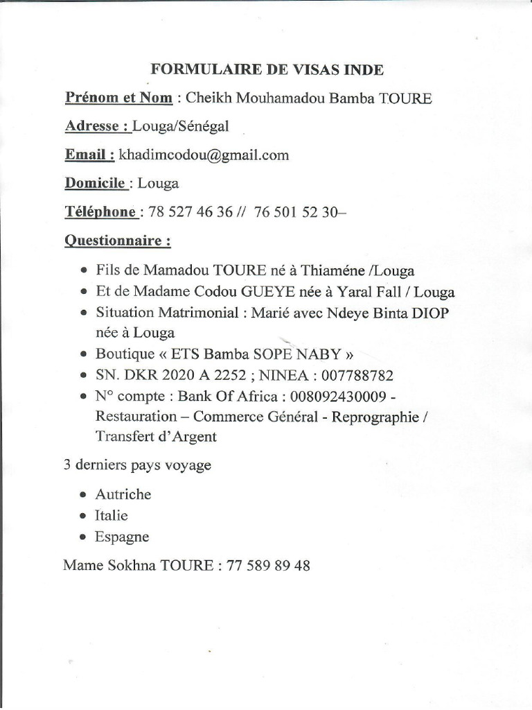 Formulaire Visas Inde | PDF
