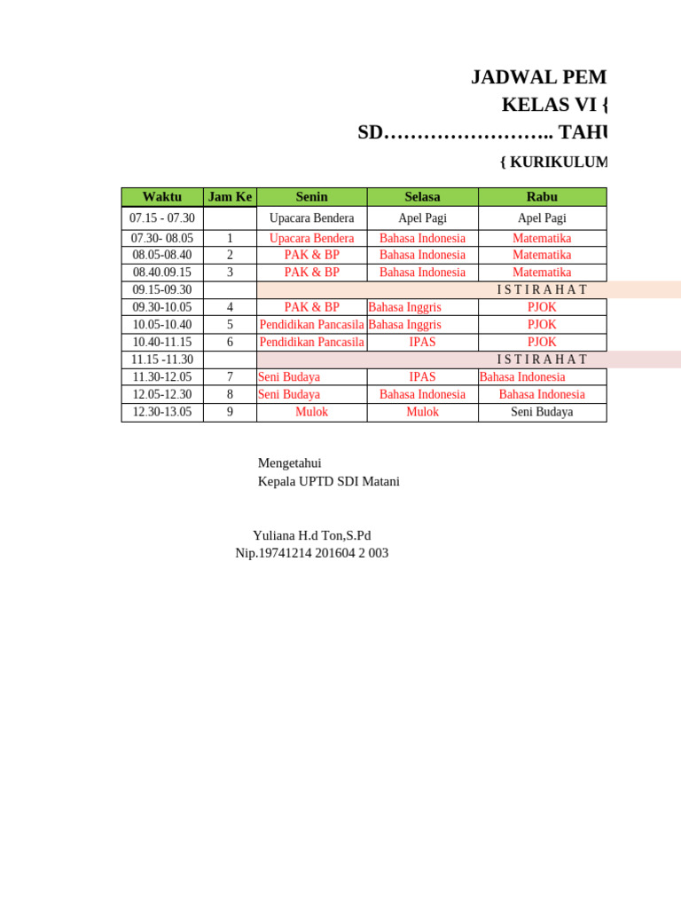 Jadwal Kelas SD | PDF