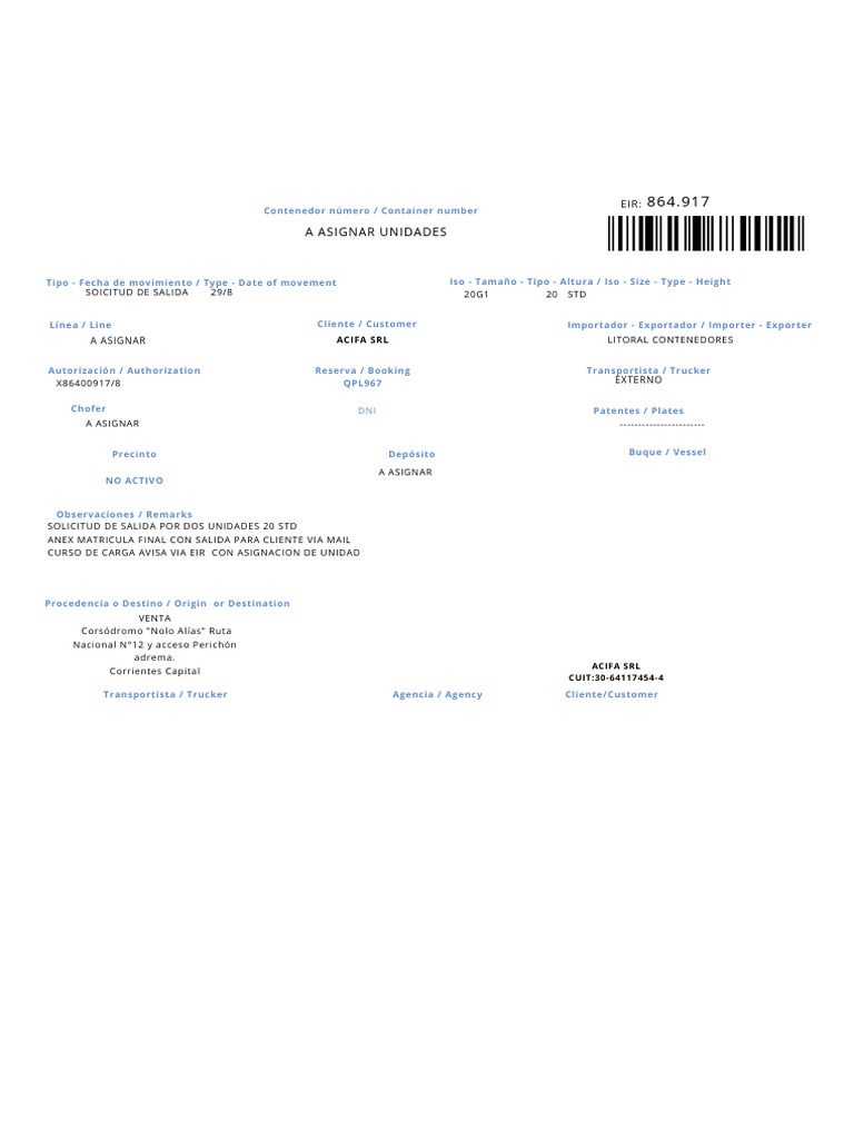 Solicitud de Salida 20'std Acifa | PDF