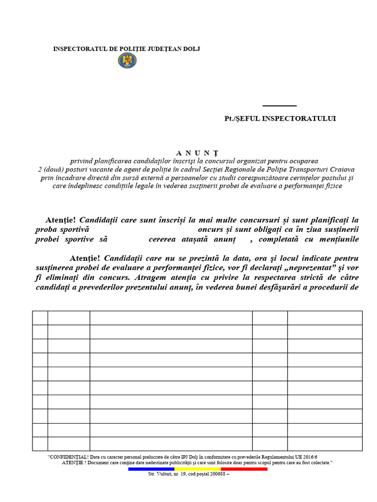 Anunt Planificare Proba de Evaluare A Performantelor Fizice SRPT | PDF