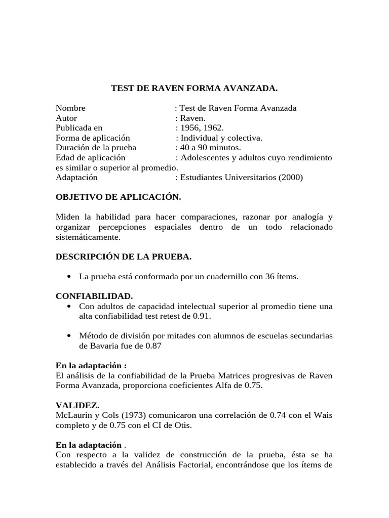 Prueba de raven Avanzada y Baremos. | PDF