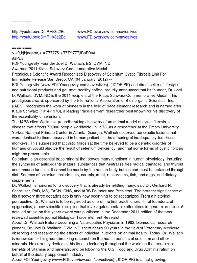 Dr. Joel D. Wallach, Awarded 2011 Klaus Schwarz Commemorative Medal ...