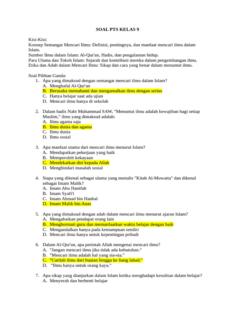 Soal PTS Ganjil Pai Kelas 9 | PDF | Theology | Abrahamic Religions