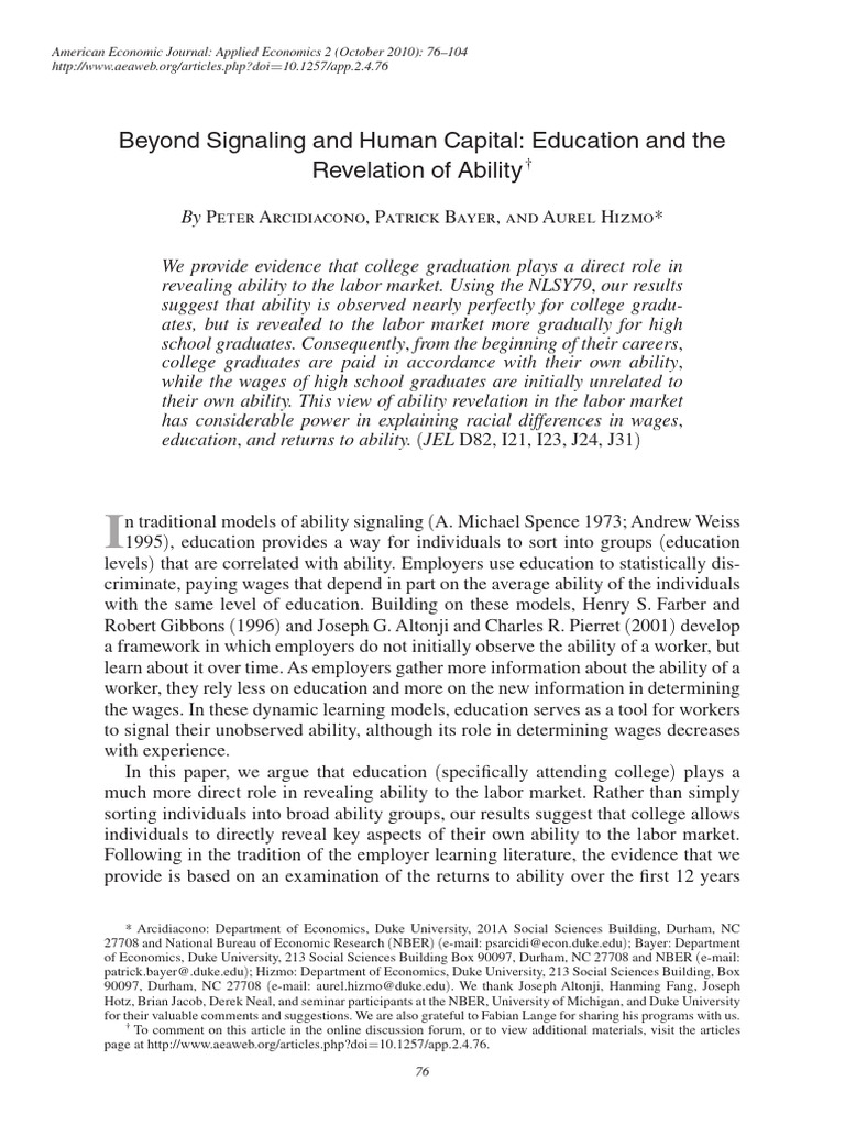 Arcidiacono et al 2010 - Beyond signaling and human capital - Education and the revelation of ...