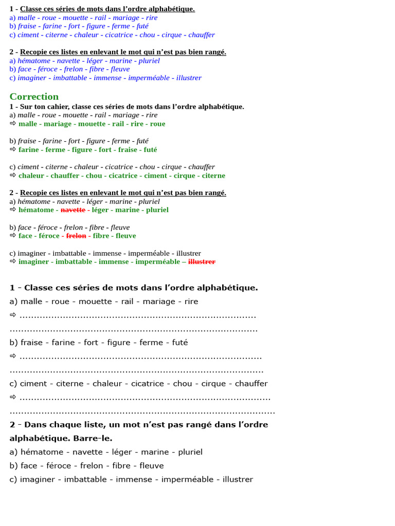 A IMPRIMER Exercices cahier du jour ordre alphabétique CM1 | PDF