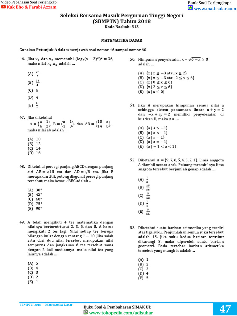 SBMPTN 2018 Matematika Dasar (Kode 513) | PDF