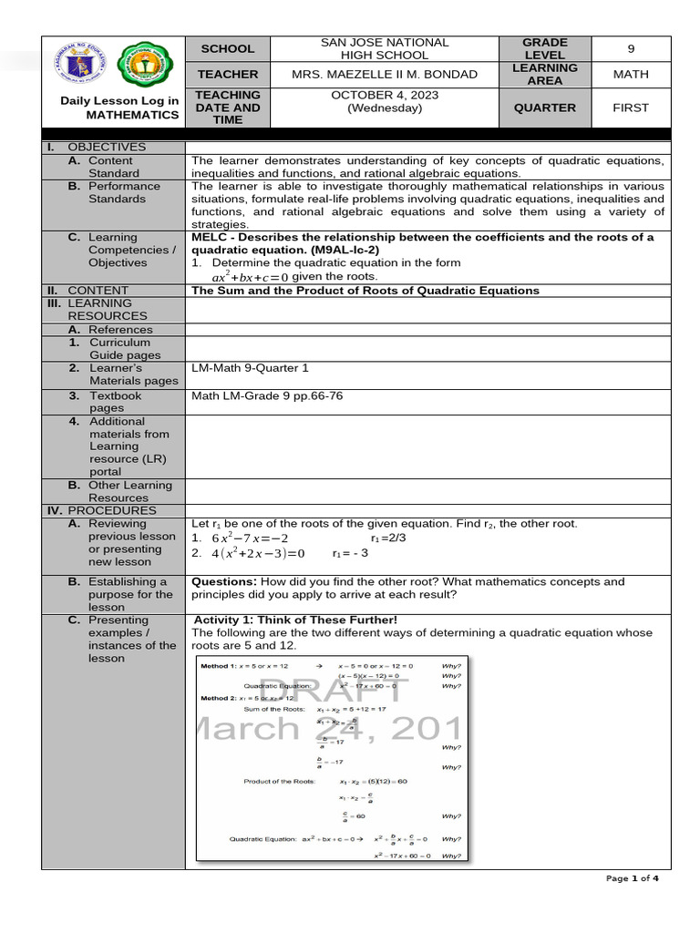 Math9 DLL Oct 4 | PDF