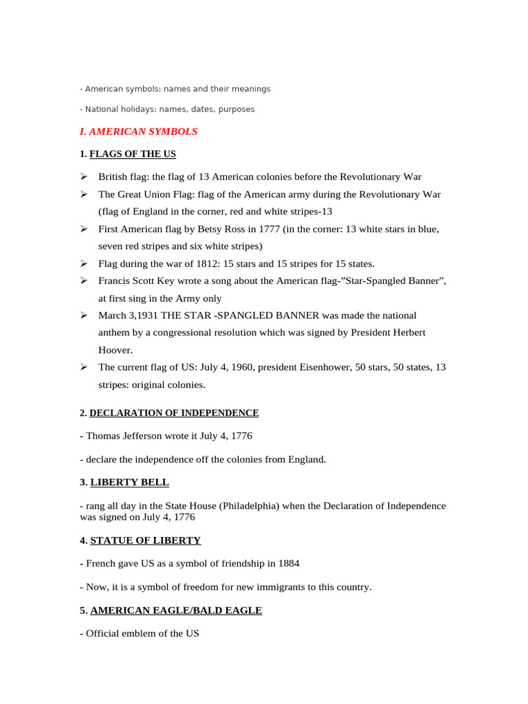 Summary Unit 1 Symbols and Holidays | PDF | Flag Of The United States ...