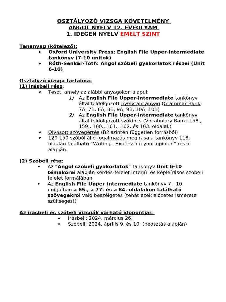 Osztályozó Vizsga Követelmény 12. FAKT EF Upper IM 2024 | PDF