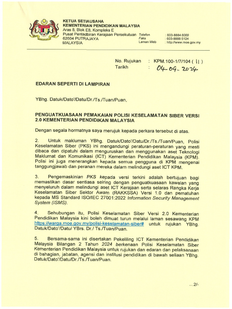 Surat Edaran Penguatkuasaan Pemakaian PKS KPM Ver2.0 FINAL | PDF
