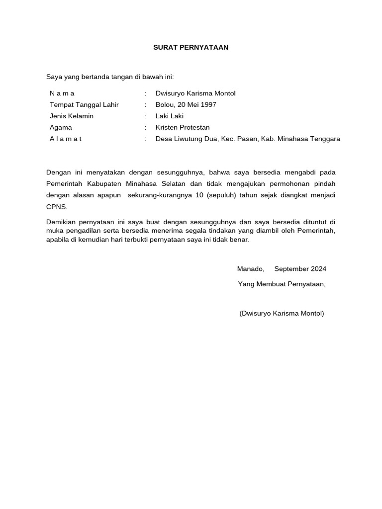 Format Surat Pernyataan Bersedia Mengabdi | PDF