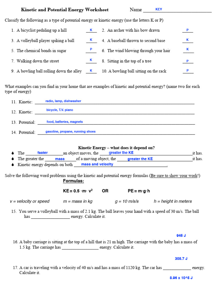 Kinetic and Potential Energy Worksheet | PDF | Kinetic Energy ...