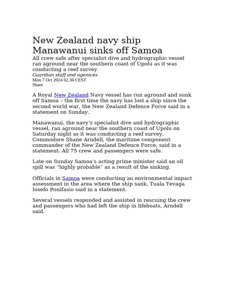 CAE Reading-New Zealand Navy Ship Manawanui Sinks Off Samoa | PDF