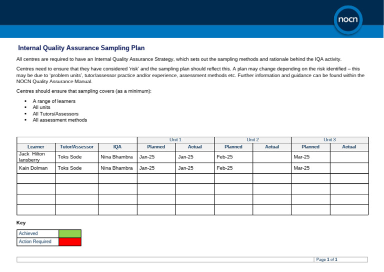 IQA Sampling Plan NOCN | PDF