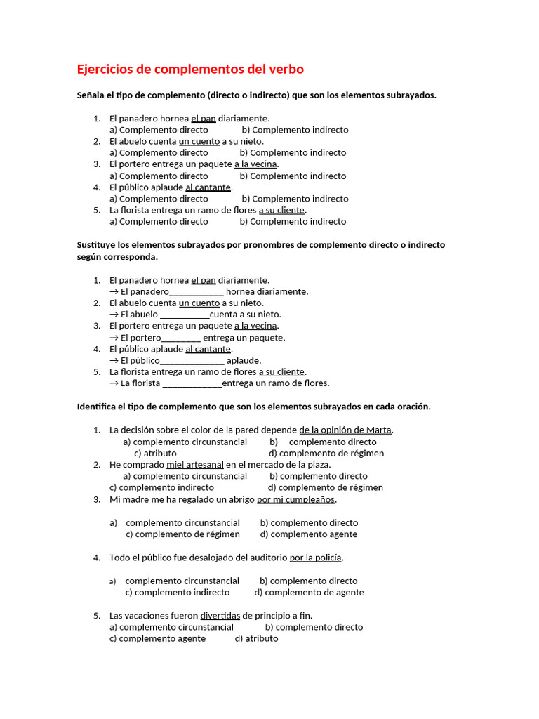 Ejercicios de Complementos Del Verbo | PDF