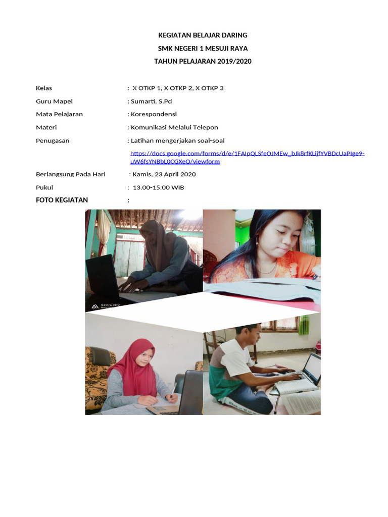 Laporan Kegiatan Belajar Daring Korespondensi 3 1920 | PDF