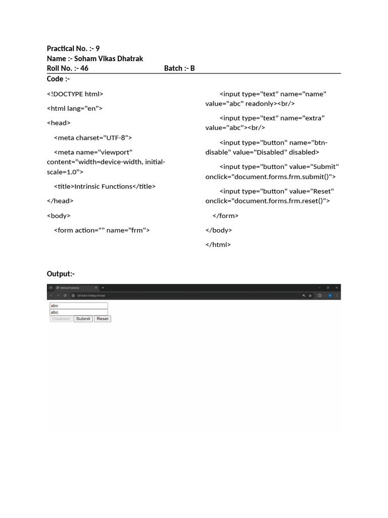 Practical No.:-9 Name: - Soham Vikas Dhatrak Roll No.: - 46 Batch: - B Code | PDF