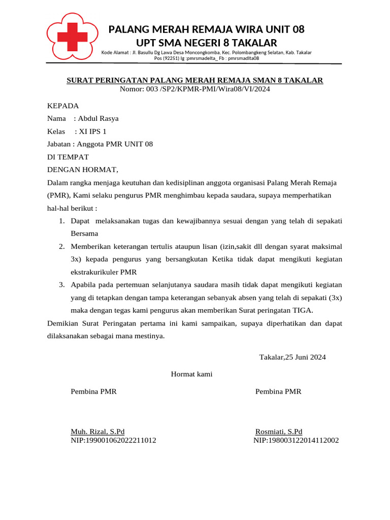 SURAT - PERINGATAN - 1 (1) PMR | PDF