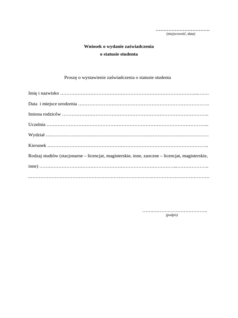 Wniosek o Zaswiadczenie o Statusie Studenta JW | PDF