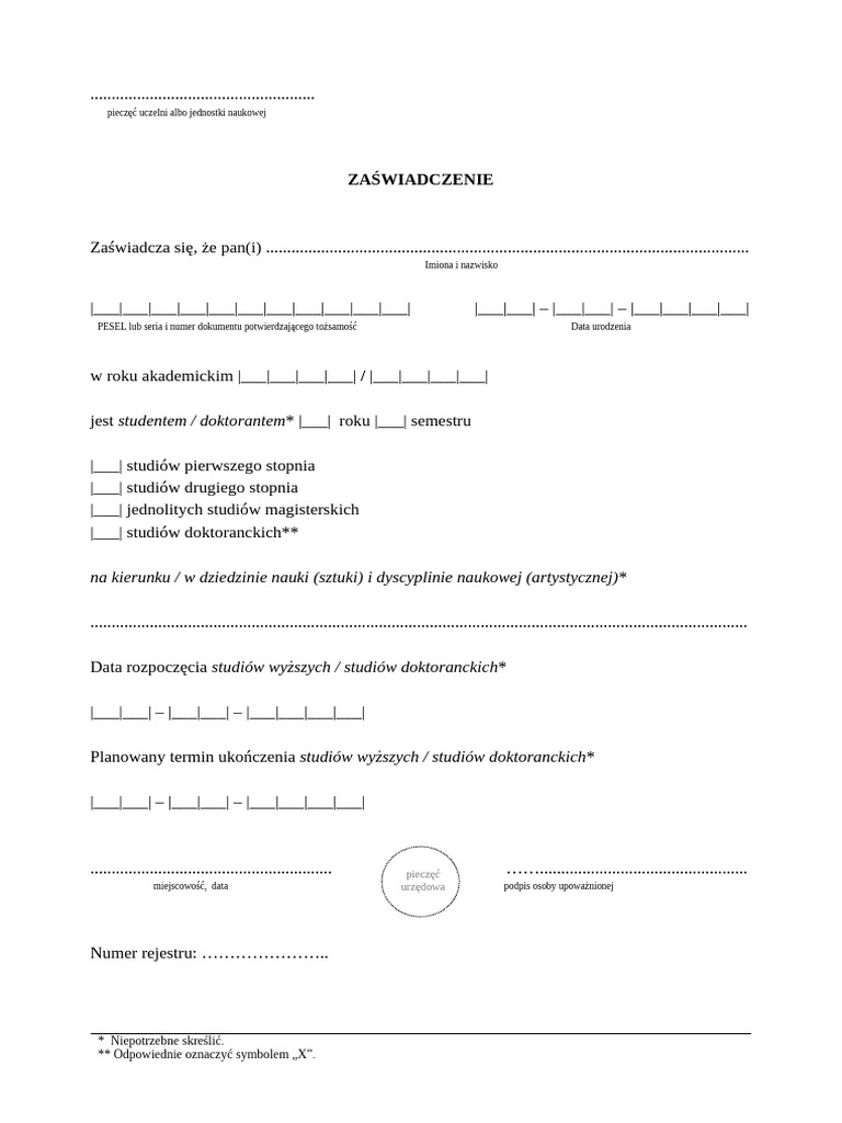 Przykład Zaświadczenia Potwierdzającego Status Studenta Albo Doktoranta | PDF