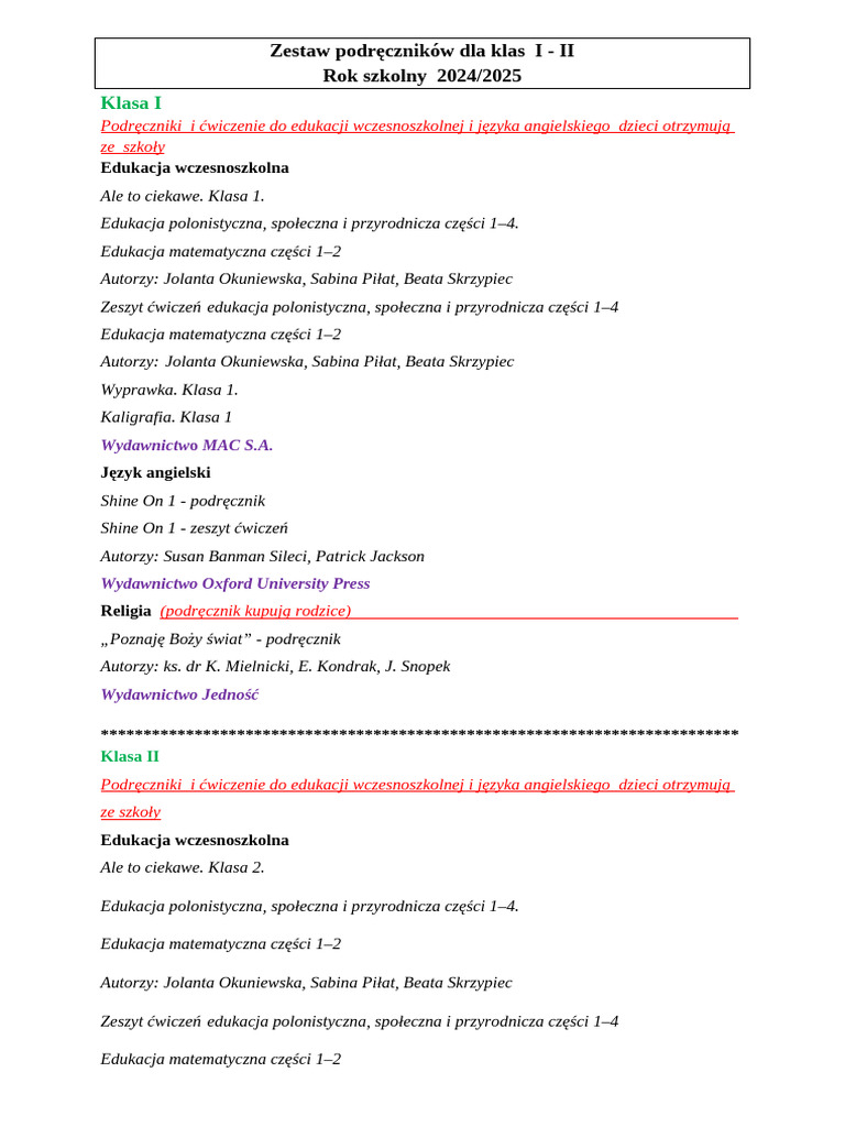 Wykaz Podrecznikow Klas 1 2 2024 2025 | PDF
