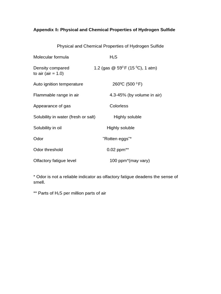 Appendix I Physical and Chemical Properties of Hydrogen Sulfide | PDF