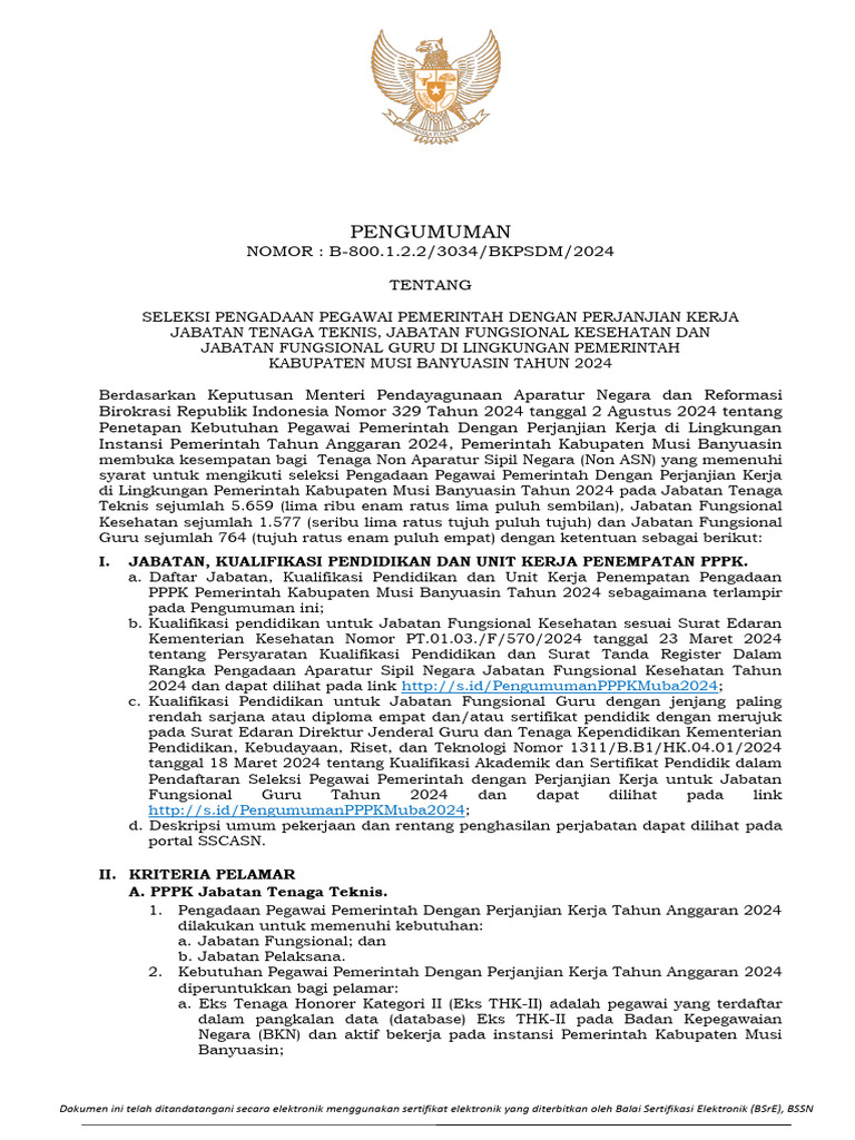 Pengumuman Penerimaan Seleksi PPPK Muba Tahun 2024 | PDF