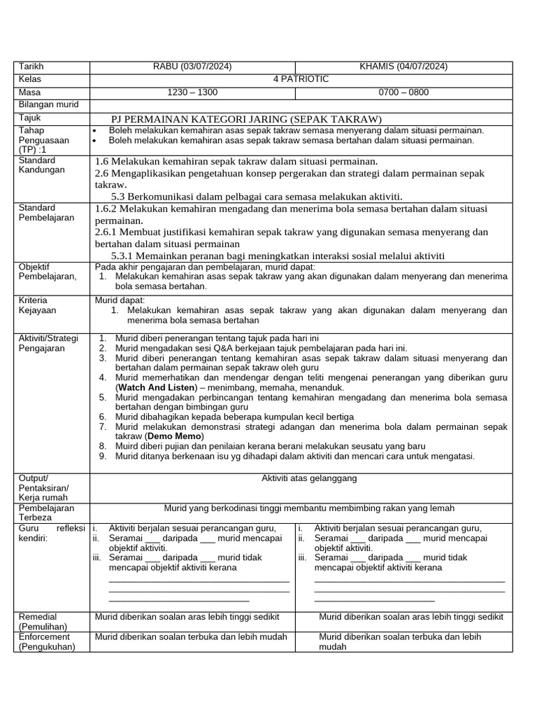 RPH PENCERAPAN Takraw | PDF