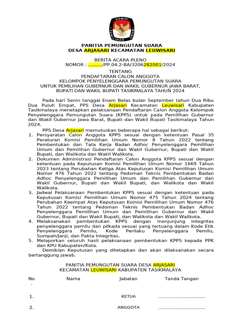 KPPS - Format Pengumuman Pendaftaran Dan Lampirannya - Pilkada | PDF