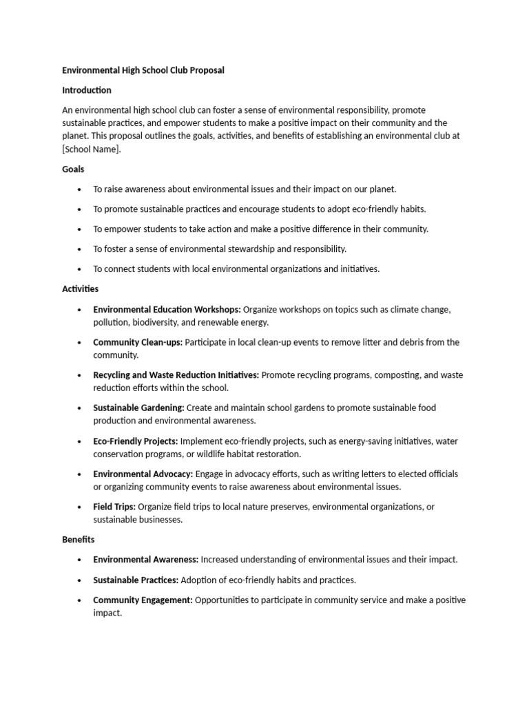 High School Environmental Club Proposal | PDF | Sustainability | Career ...