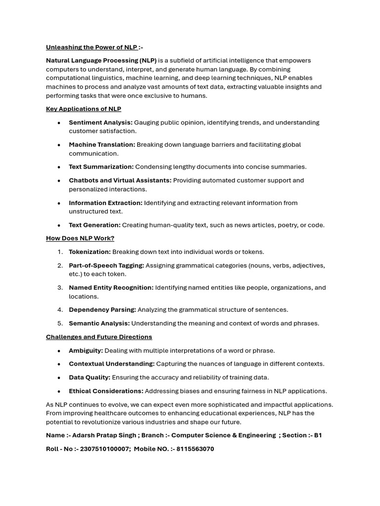 Unleashing The Power of NLP ... Adarsh Pratap Singh | PDF | Career ...