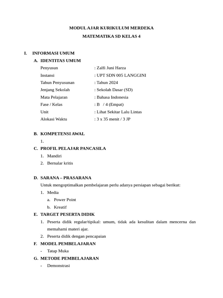 MODUL AJAR KURIKULUM MERDEKA KELAS 4 | PDF