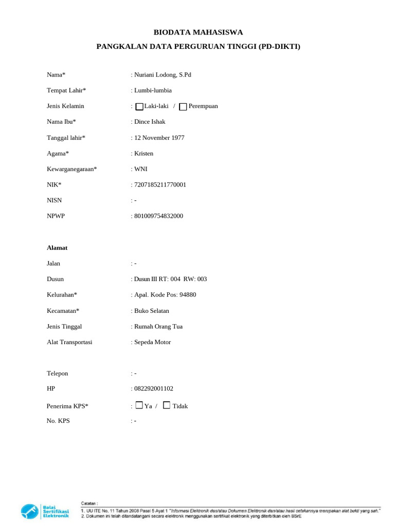 Biodata Mahasiswa | PDF