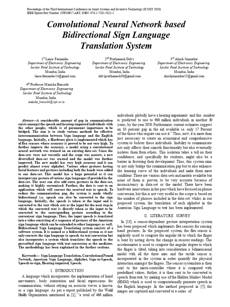 Convolutional Neural Network Based Bidirectional Sign Language Translation System | PDF