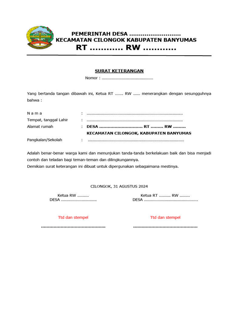 Surat Keterangan RT, RW, Orang Tua, Kamabigus | PDF