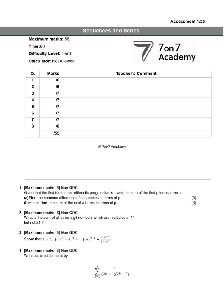 1.1-AAHL(Sequences, 55 Marks, 60 Min , Medium)-Assessment-01 | PDF