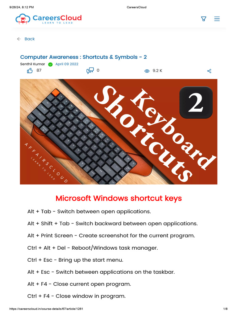 MICROSOFT SHORT CUT KEYS | PDF