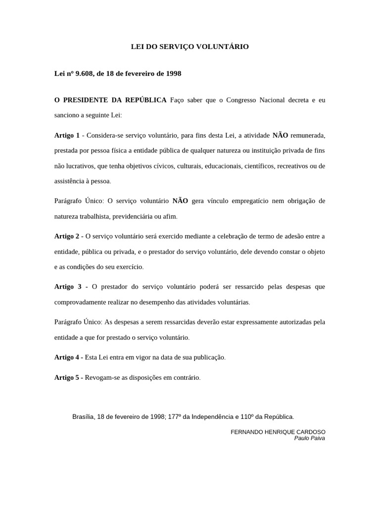 Lei Do Serviço Voluntário | PDF